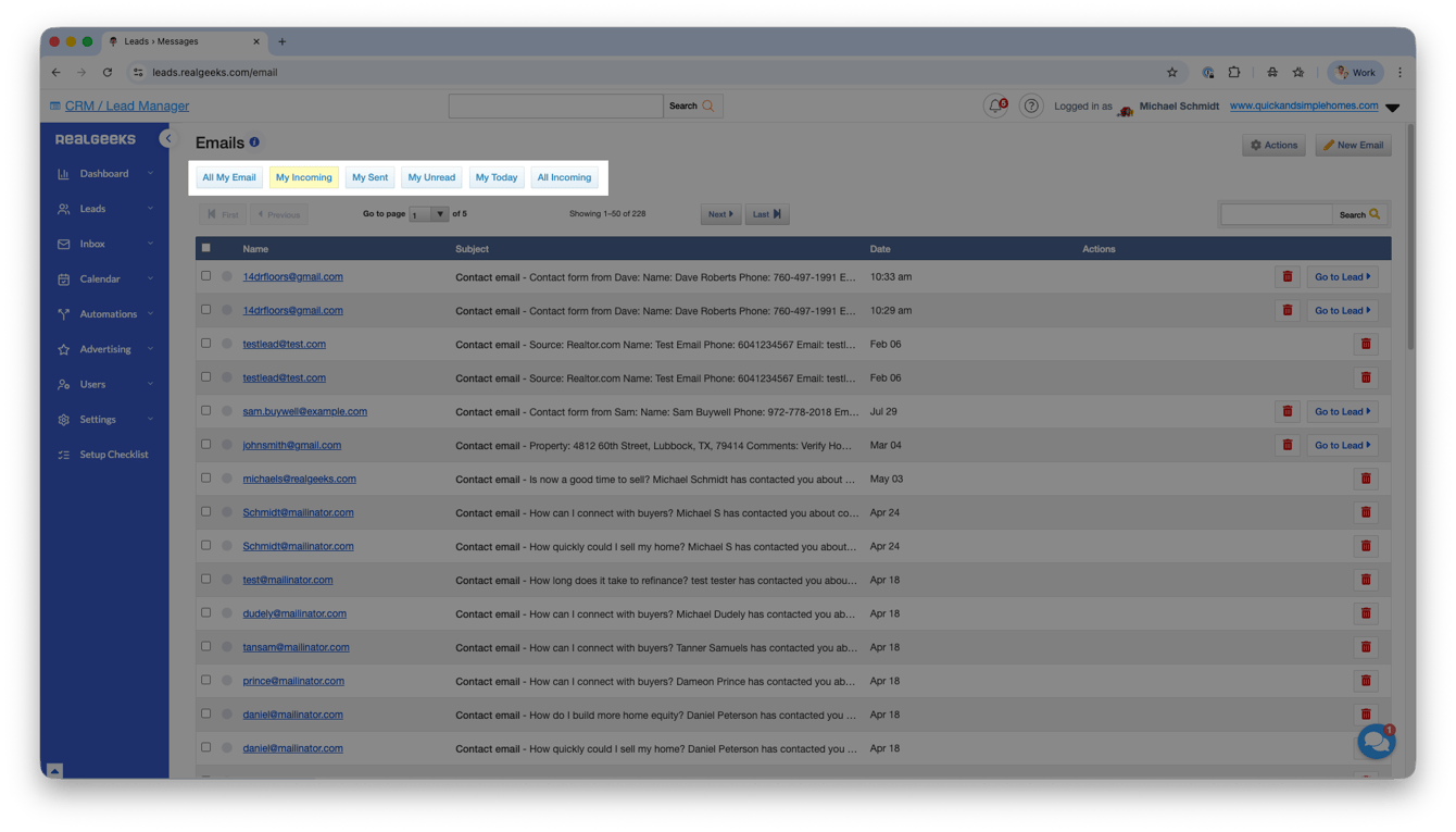 Real Geeks Email Inbox Overview