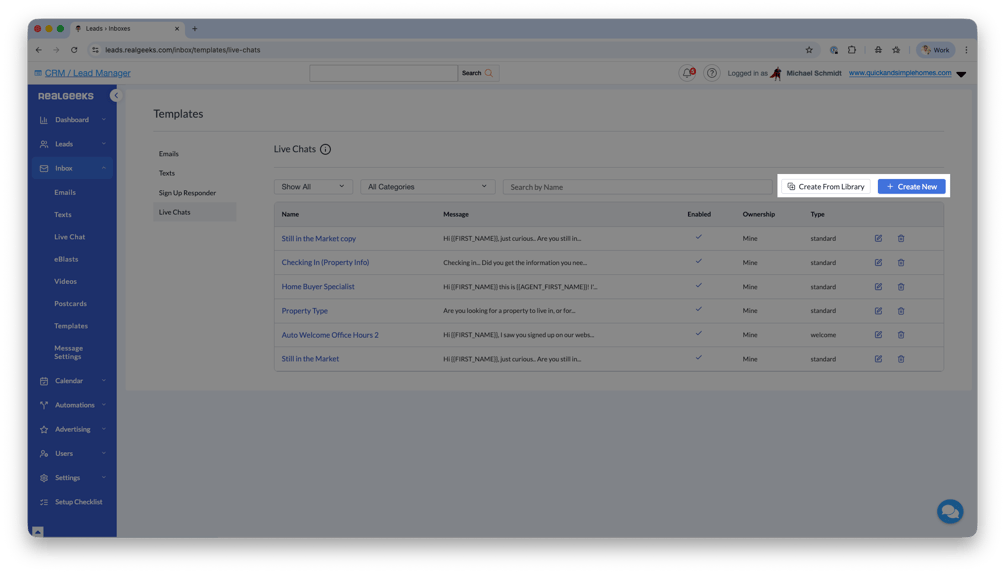 Live Chat Templates in Real Geeks CRM