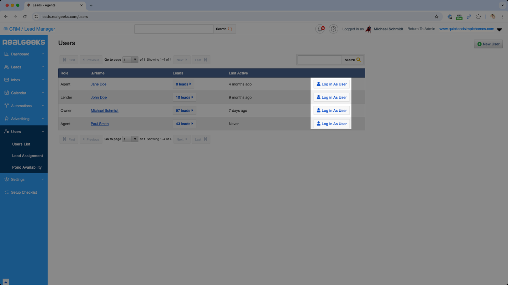 Owner/Admin logging into an agent's account